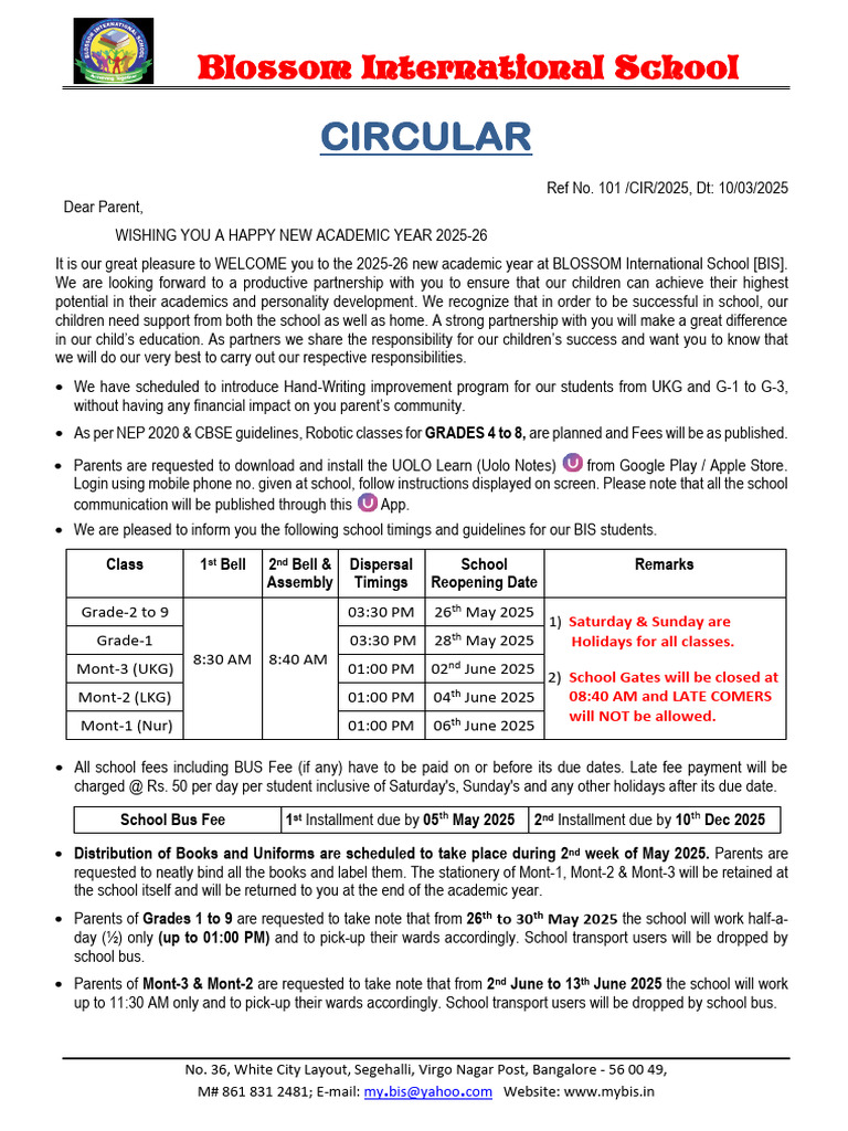 Blossom International School Circular 2025-26 | PDF