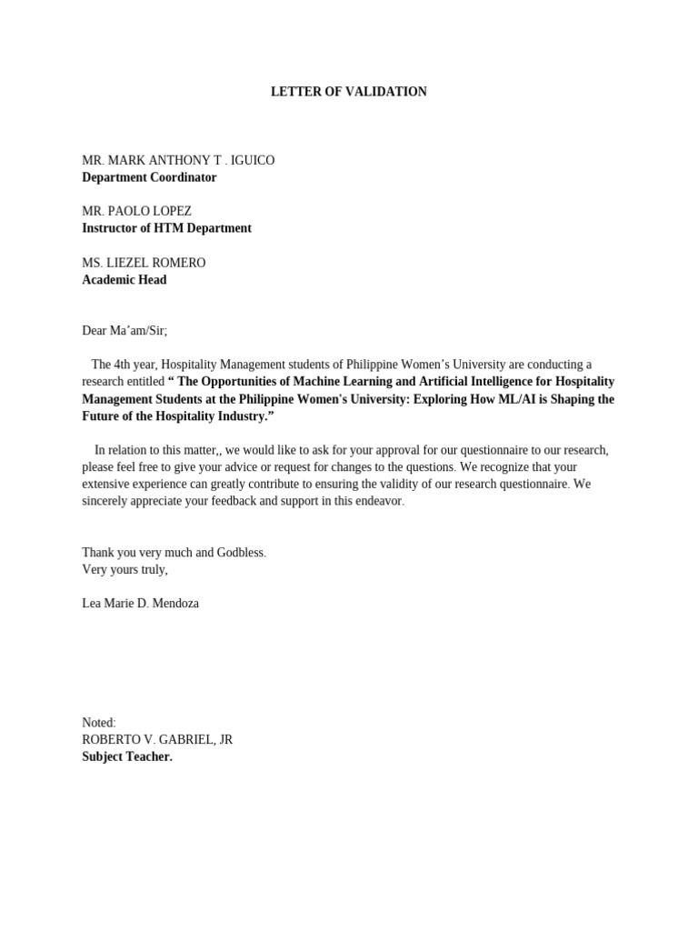 Validation Letter for Hospitality Research | PDF