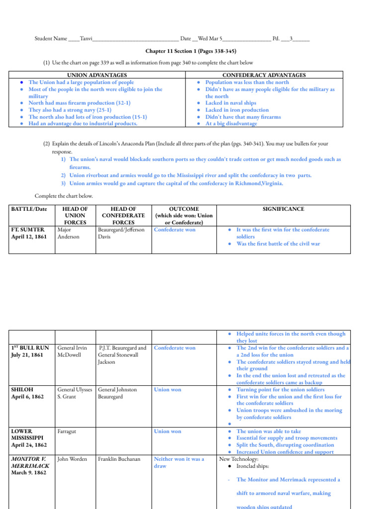 Ch. 11 Section 1 Chart | PDF | Confederate States Of America ...