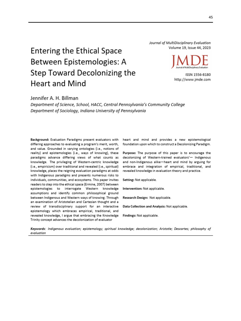 Billman - Entering The Ethical Space Between Epistemologies | PDF ...