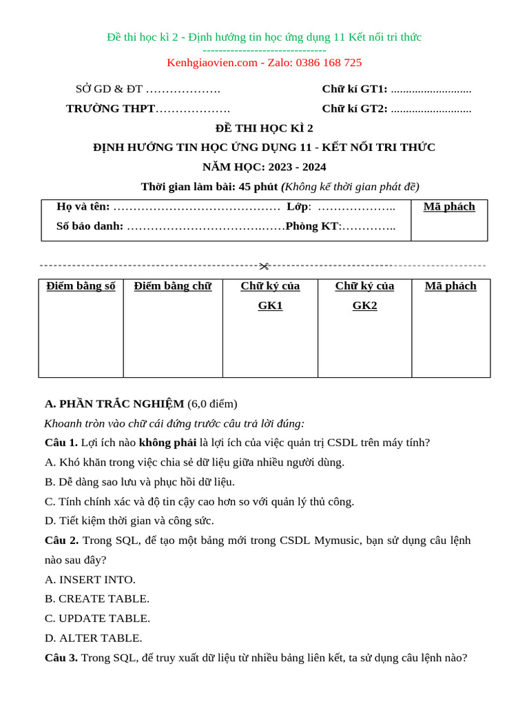 hk2 Tin Hoc Ung Dung 11 KNTT de So 8 | PDF