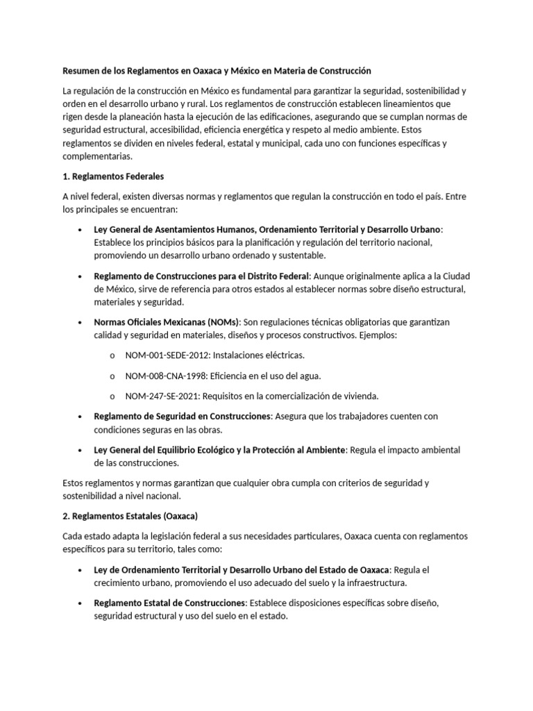 Resumen de Los Reglamentos en Oaxaca y México en Materia de Construcción | PDF | Planificación ...