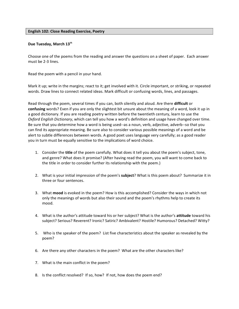Poetry Close Reading Exercise Guide | PDF | Poetry | Linguistics