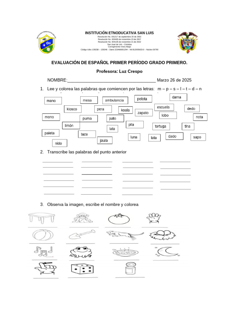 Examen Final Español Primer Periodo | PDF