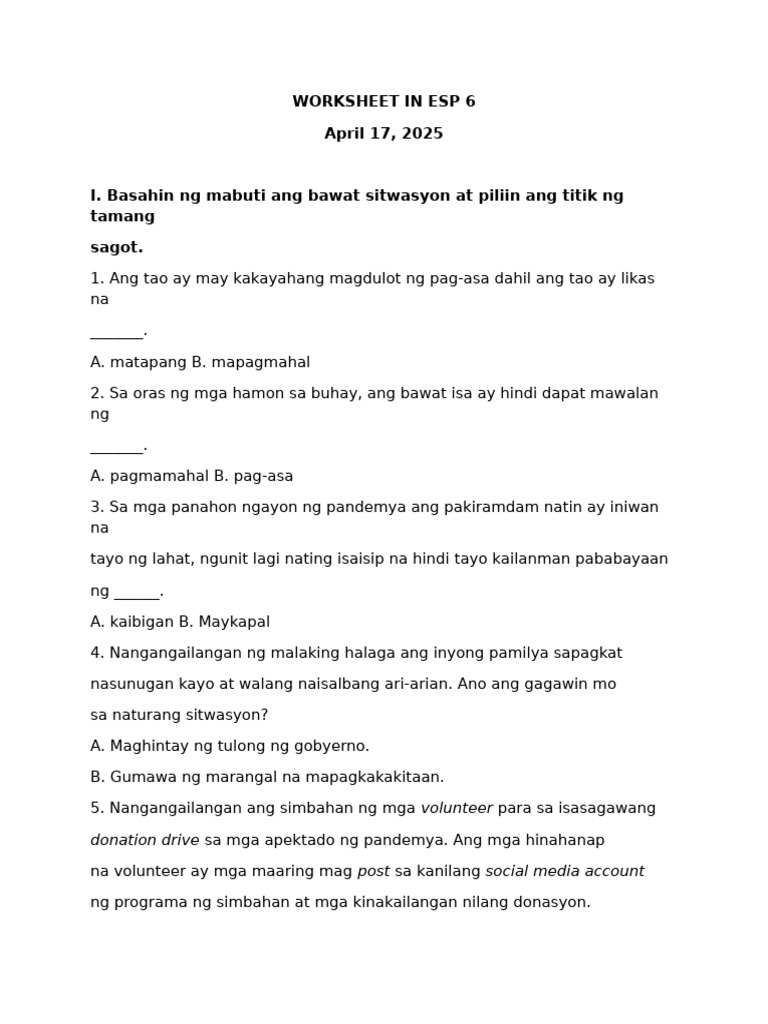 WORKSHEET IN ESP 6 April 17 2025 | PDF