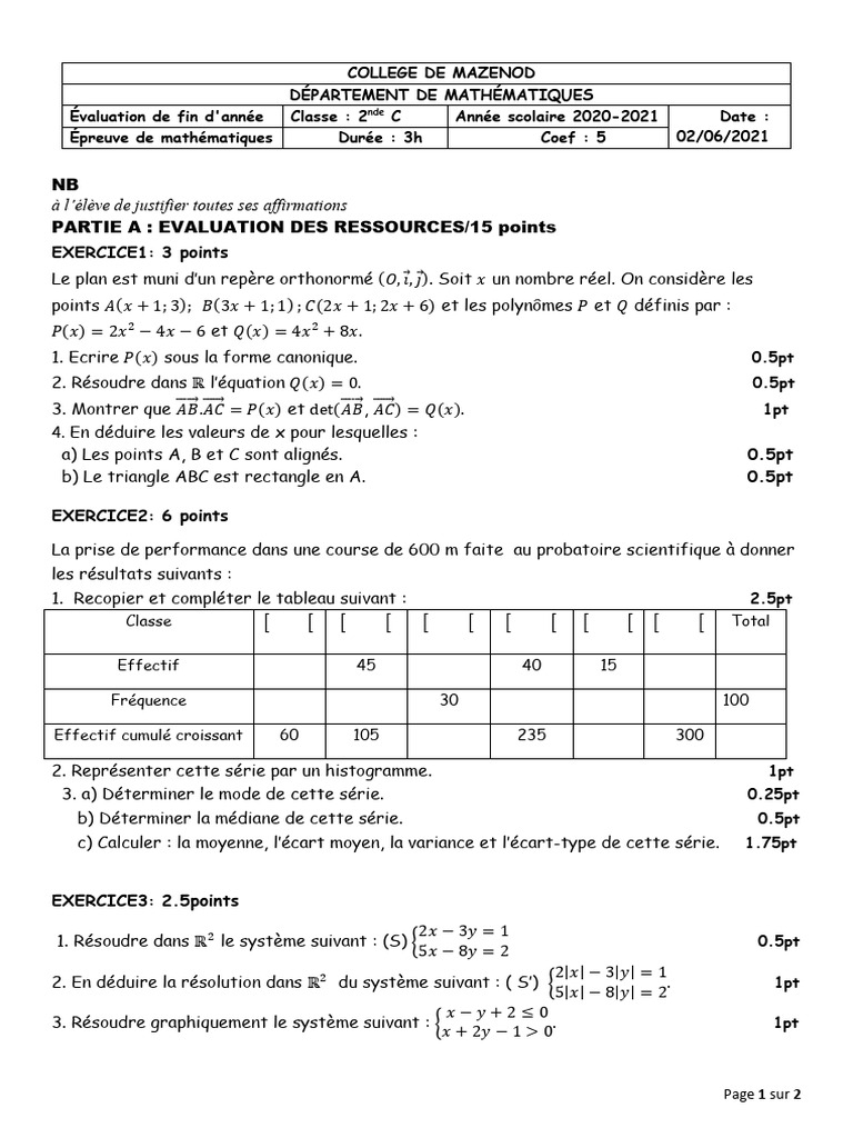 Évaluation de maths fin de seconde | PDF | Cercle | Mathématiques ...