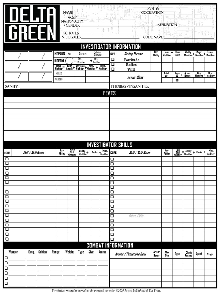 Delta Green - Character Sheet (d20) | PDF | Role Playing | Gaming