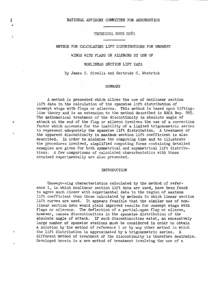 Method For Calculating Lift Distributions For Unswept Wings With Flaps ...
