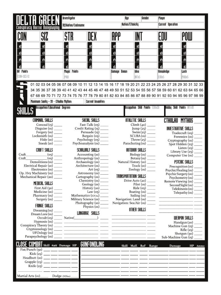 Delta Green - Character Sheet (2 Sides) | PDF | Horror Games | H. P ...