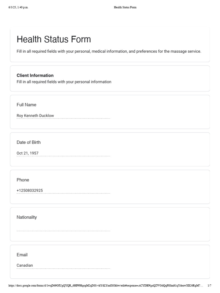 Health Status Form - Google Forms | PDF | Massage | Pain Management