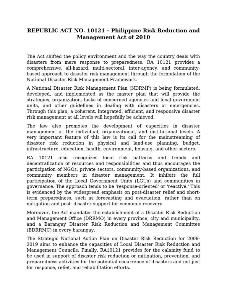 RA 10121 - Risk Reduction Management Act | PDF | Disaster Risk ...