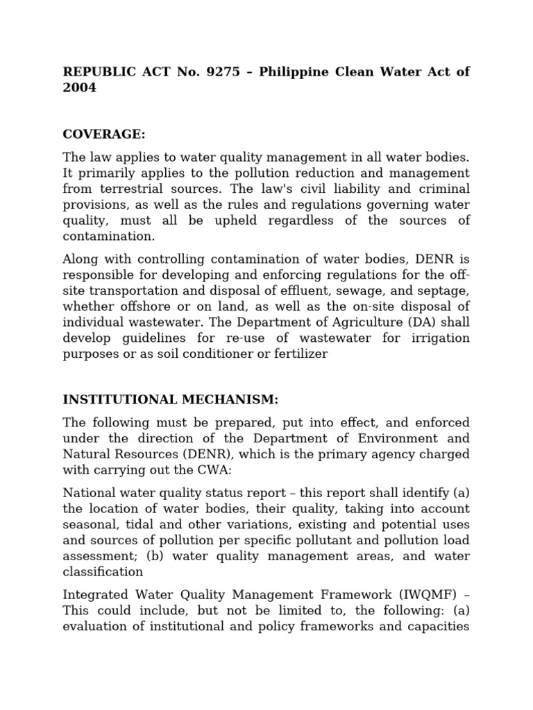 Ra 9275 - Philippine Clean Water Act | PDF | Water Pollution | Water ...