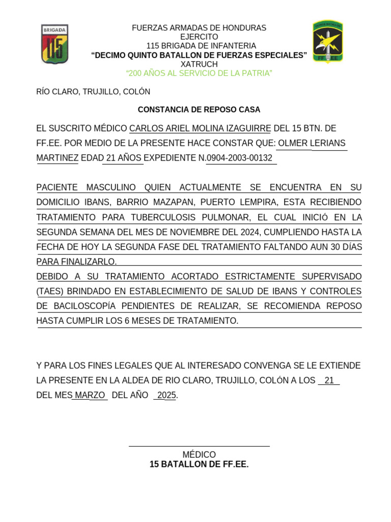 Constancia de Reposo para Paciente Militar | PDF