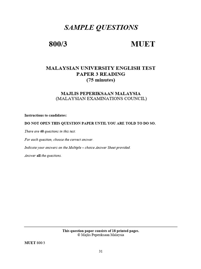 MUET 800/3 Reading Test Sample Questions | PDF | Deforestation | Forests