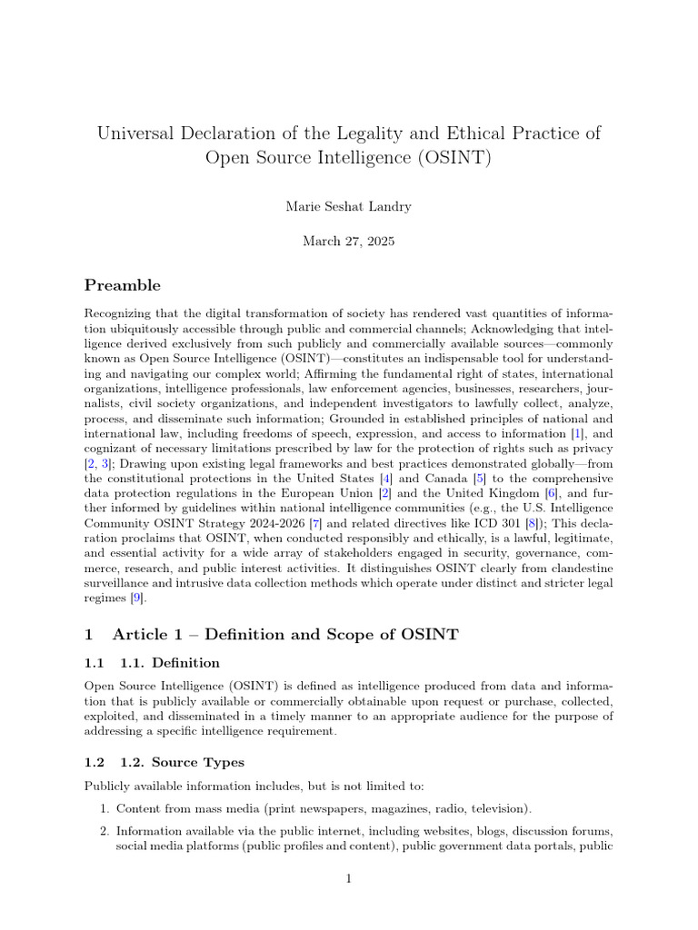 Universal Declaration of The Legality and Ethical Practice of Open Source Intelligence OSINT ...
