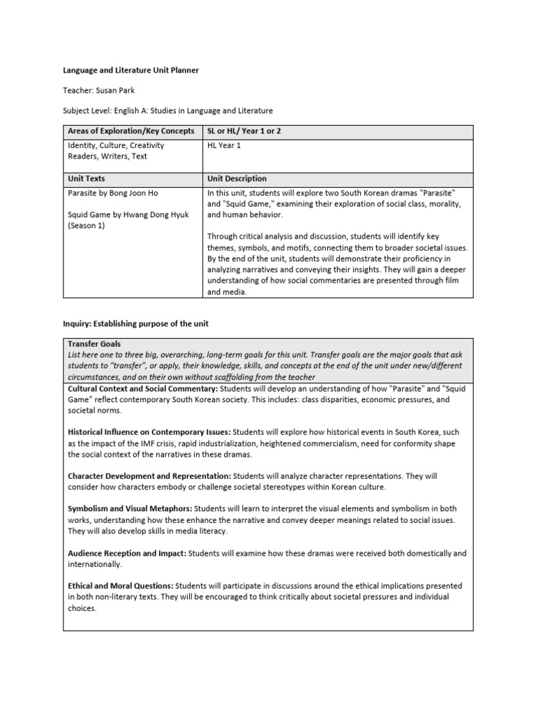 Susan Park IB Workshop Non Literary Unit | PDF | Narrative | Learning