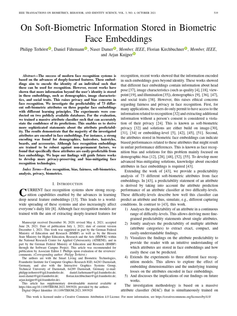 Biometric Watermark on Soft-Biometric Information Stored in Biometric Face Embeddings | PDF ...