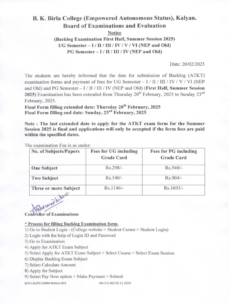 Notice For Final Extension of Dates For UG & PG Semester - I, II, III ...