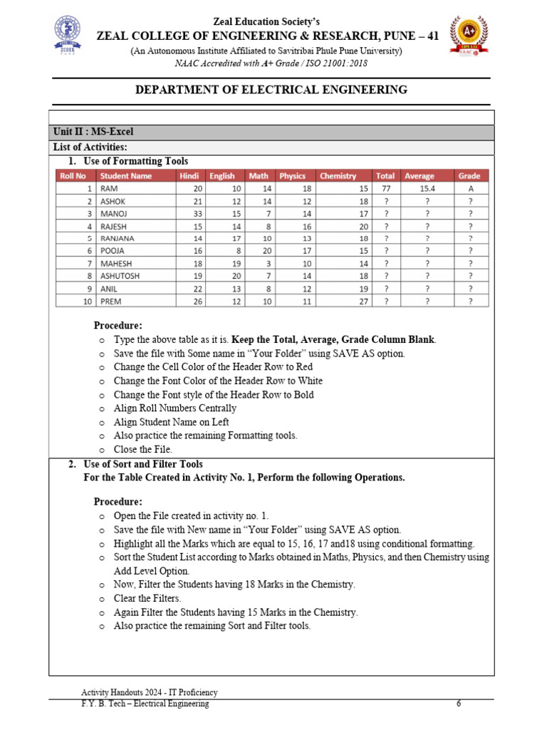 MS Excel Acitivities_ITP | PDF | Microsoft Excel