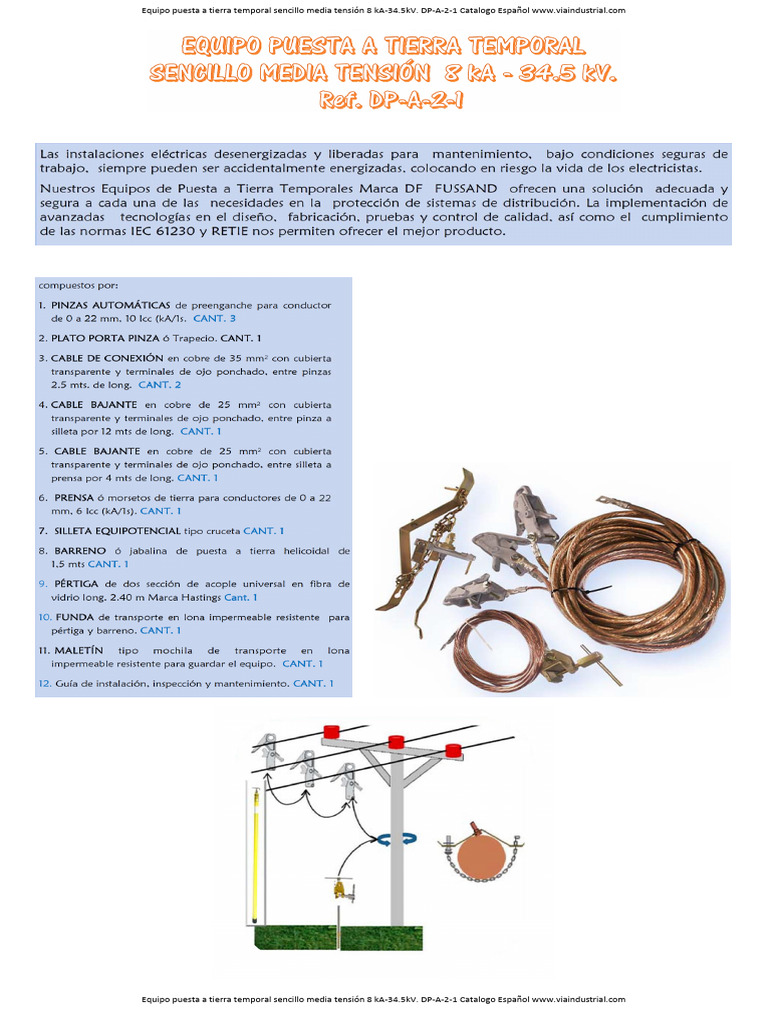 Equipo de Puesta A Tierra Sencillo Media Tension 8ka 34 5 KV DP A 2 1 Catalogo Espanol | PDF