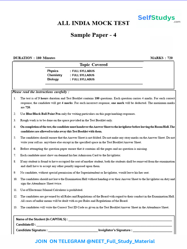 NEET New Sample Paper Set 4 | PDF | Physical Quantities | Physics