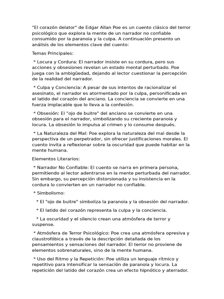 Análisis Del Corazón Delator | PDF | Edgar Allan Poe | Sicología