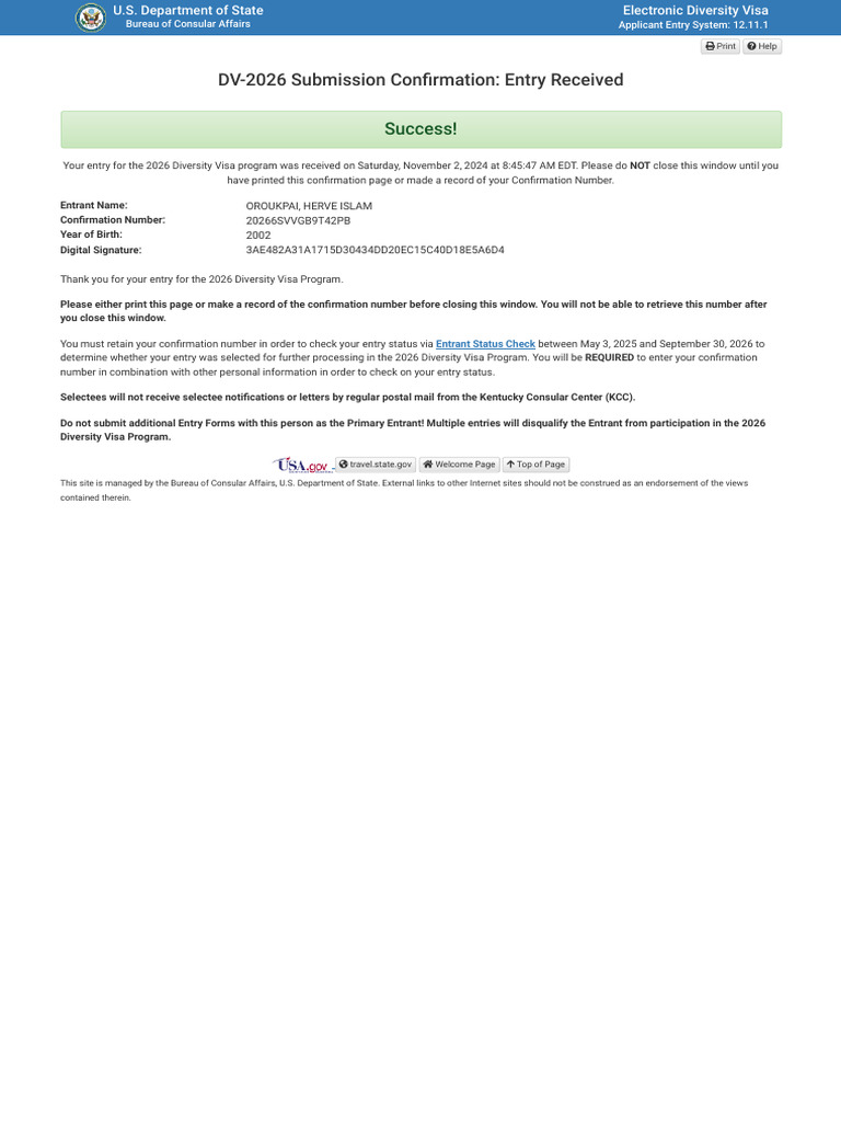 DV-2026 Submission Confirmation: Entry Received: Success! | PDF ...