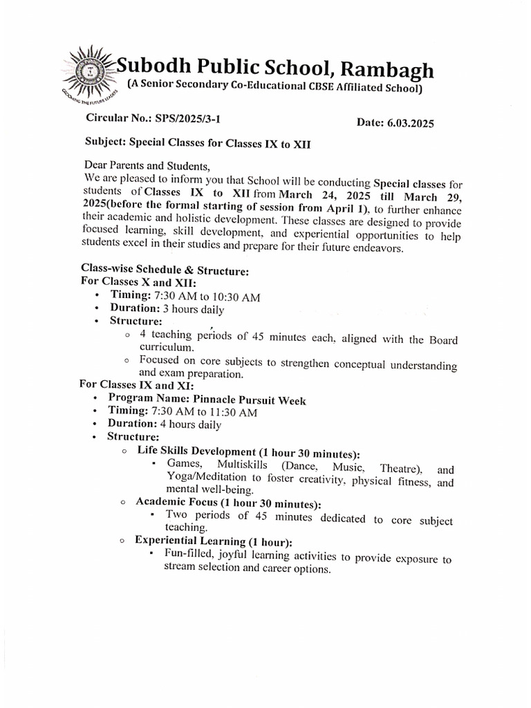 Special Classes (IX To XII) Circular March 24 To March 29, 2025 | PDF