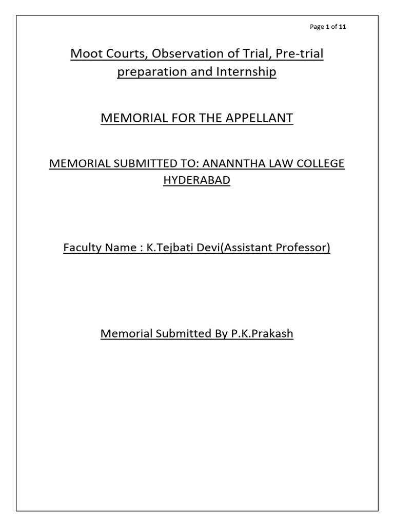MEMORIAL FOR THE APPELLANT (Mr. Ravon & Chura) | PDF | Appeal | Equity ...