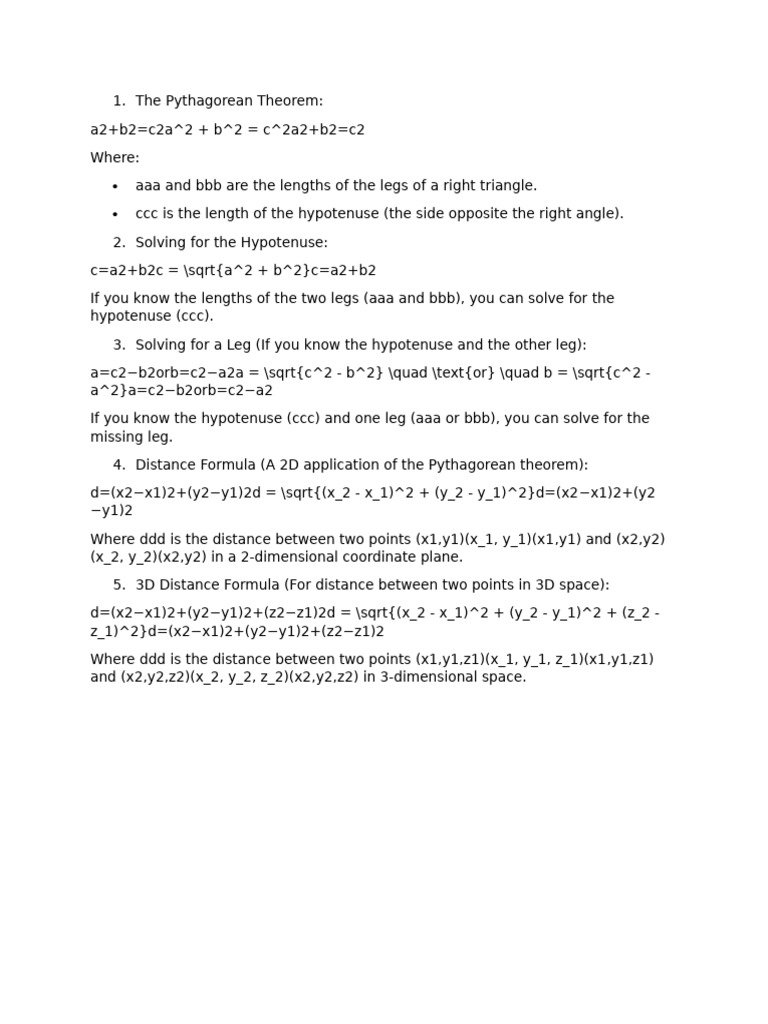 Key Formulas Related To The Pythagorean | PDF