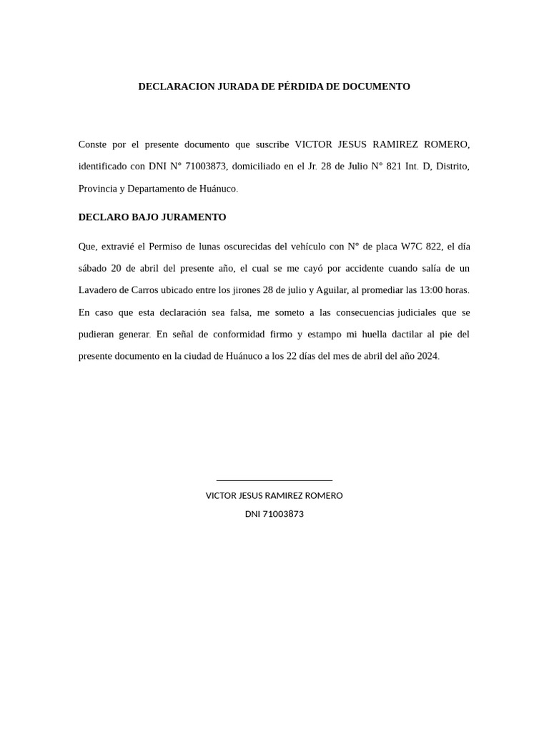 Declaracion Jurada de Pérdida de Documento | PDF