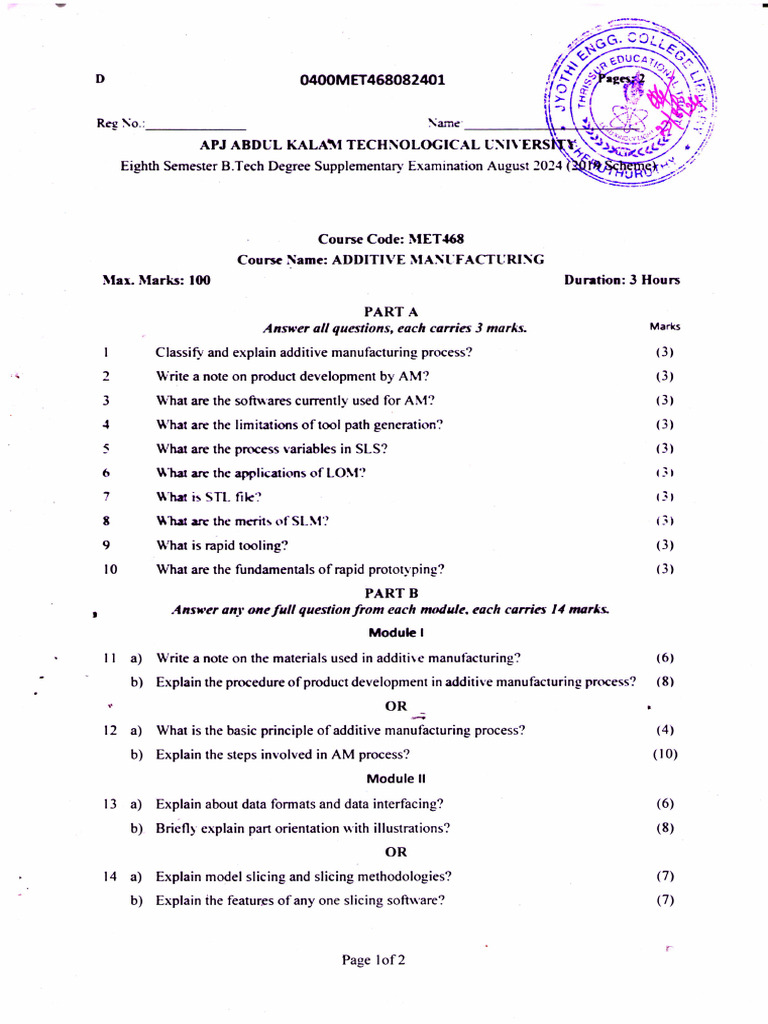 Additive Manufacturing Exam Questions | PDF
