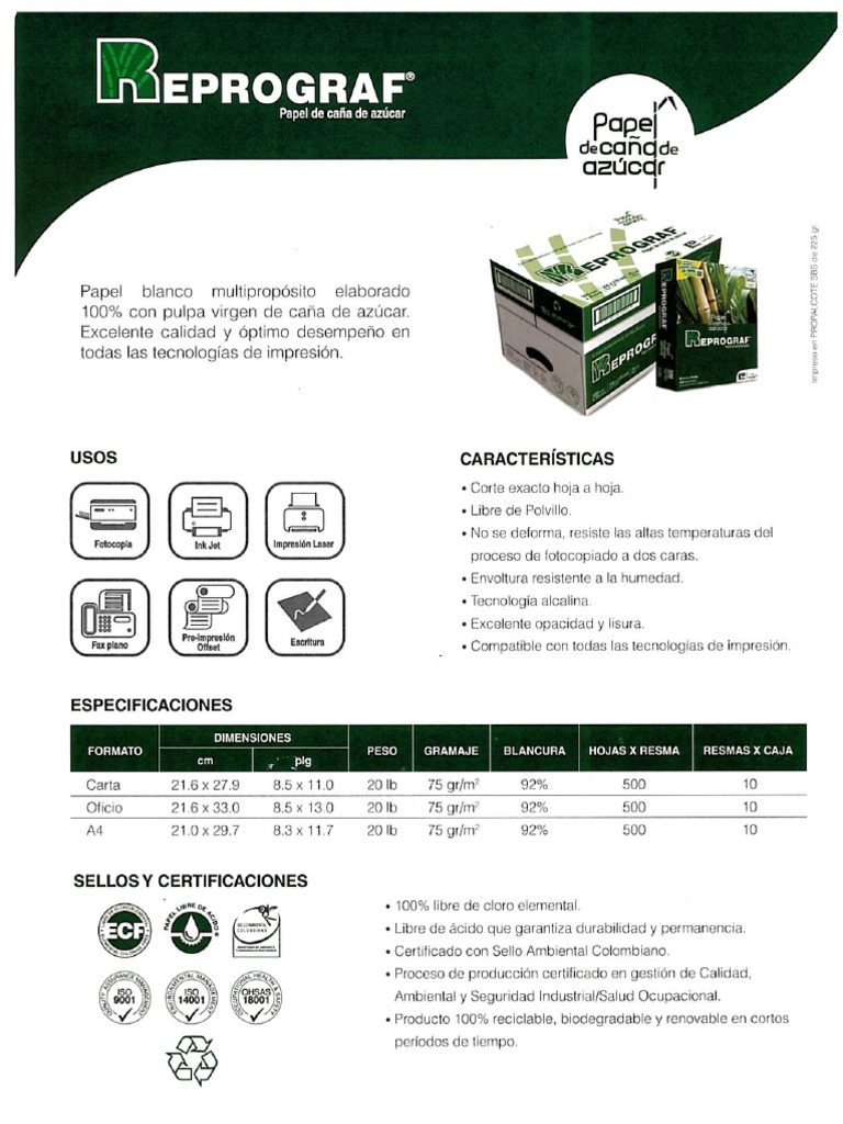 Fichas Técnicas Papel Reprograf Ecologico | PDF