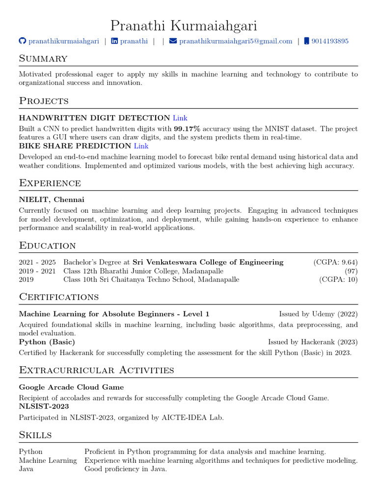 Machine Learning Projects & Skills Summary | PDF