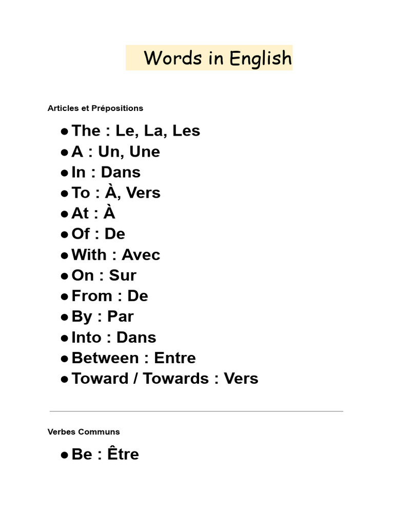 Mots en anglais : Articles et Verbes | PDF | Linguistique