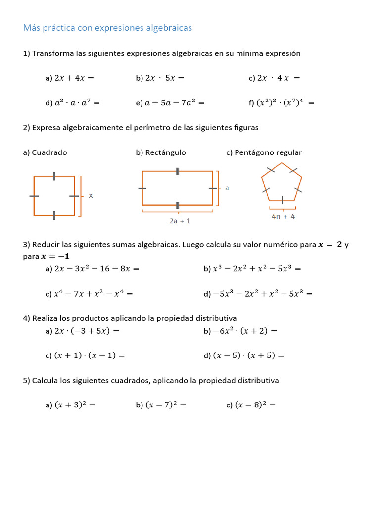 Práctica de Expresiones Algebraicas | PDF