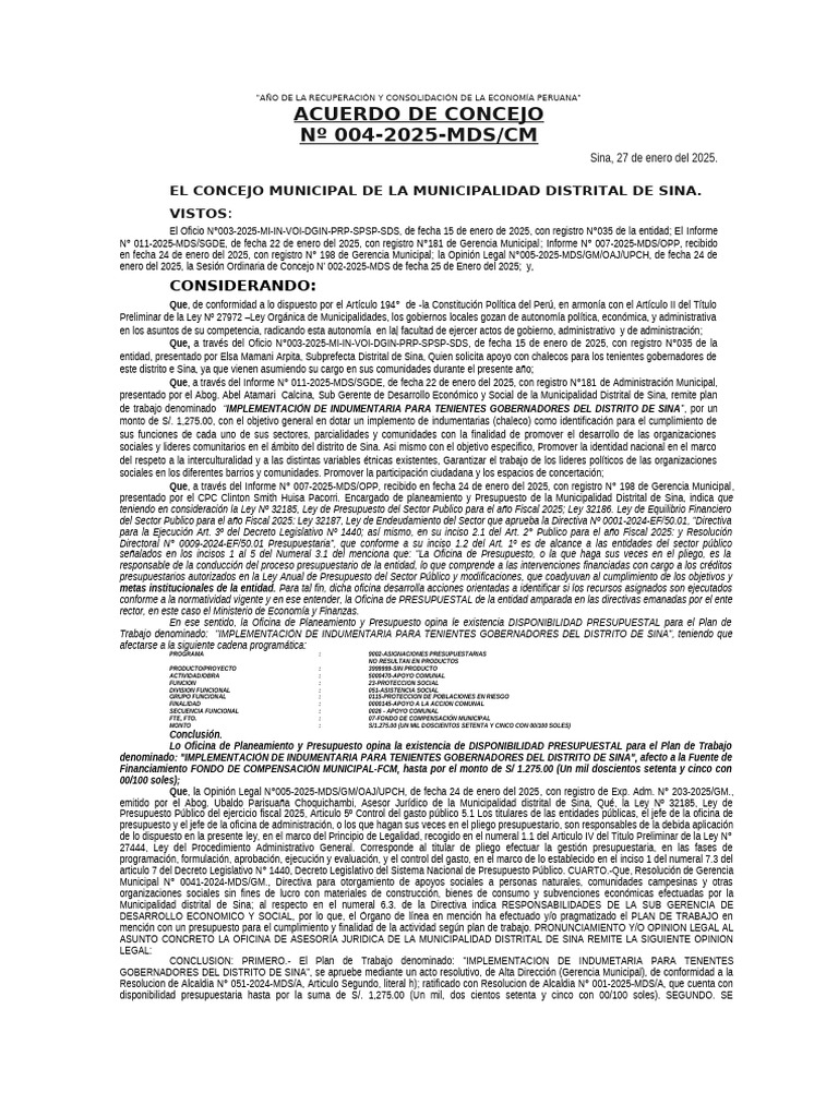 Acuerdo de Concejo N004 | PDF | Gobierno local | Presupuesto