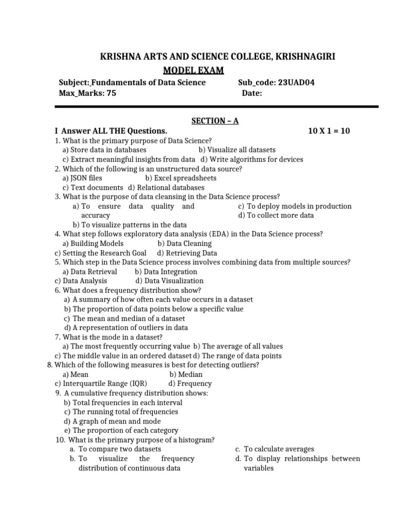 Data Science -Model Exam Question paper | PDF | Data Analysis | Applied ...