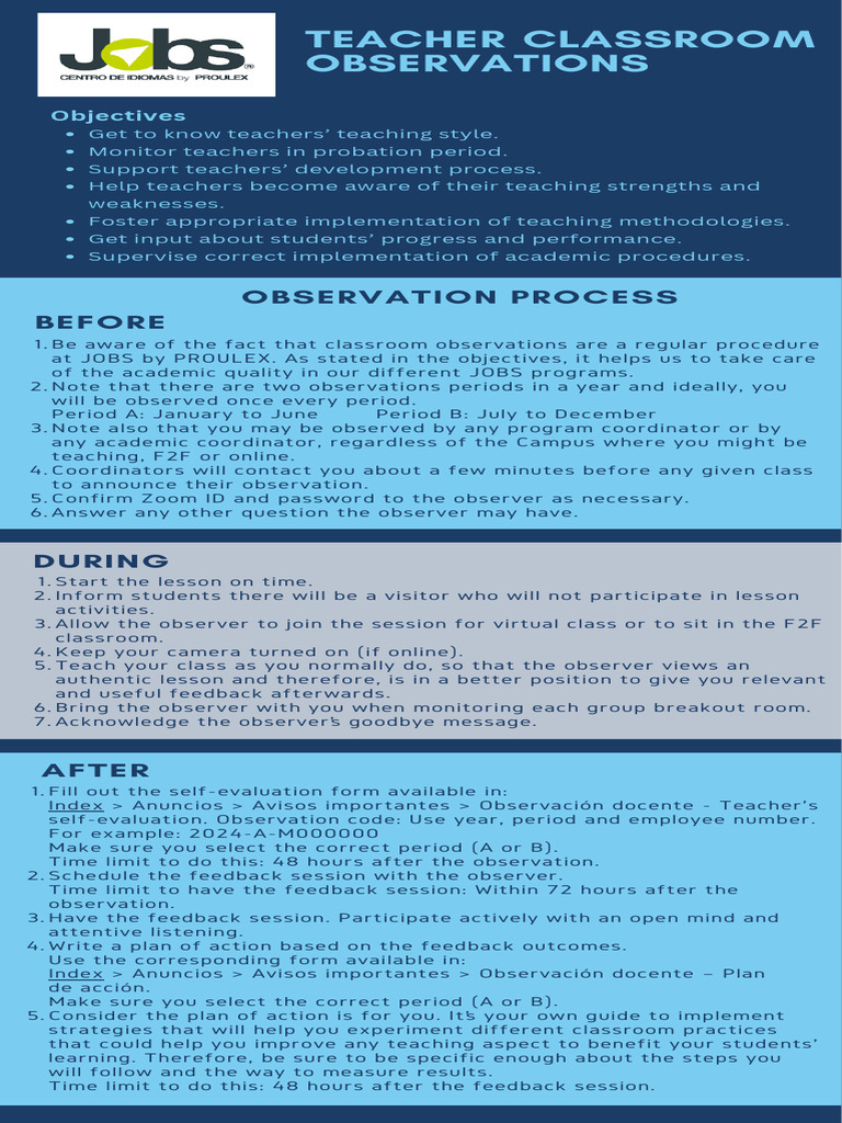 Instructions On Classroom Observations For JOBS TEACHERS 2024 | PDF ...