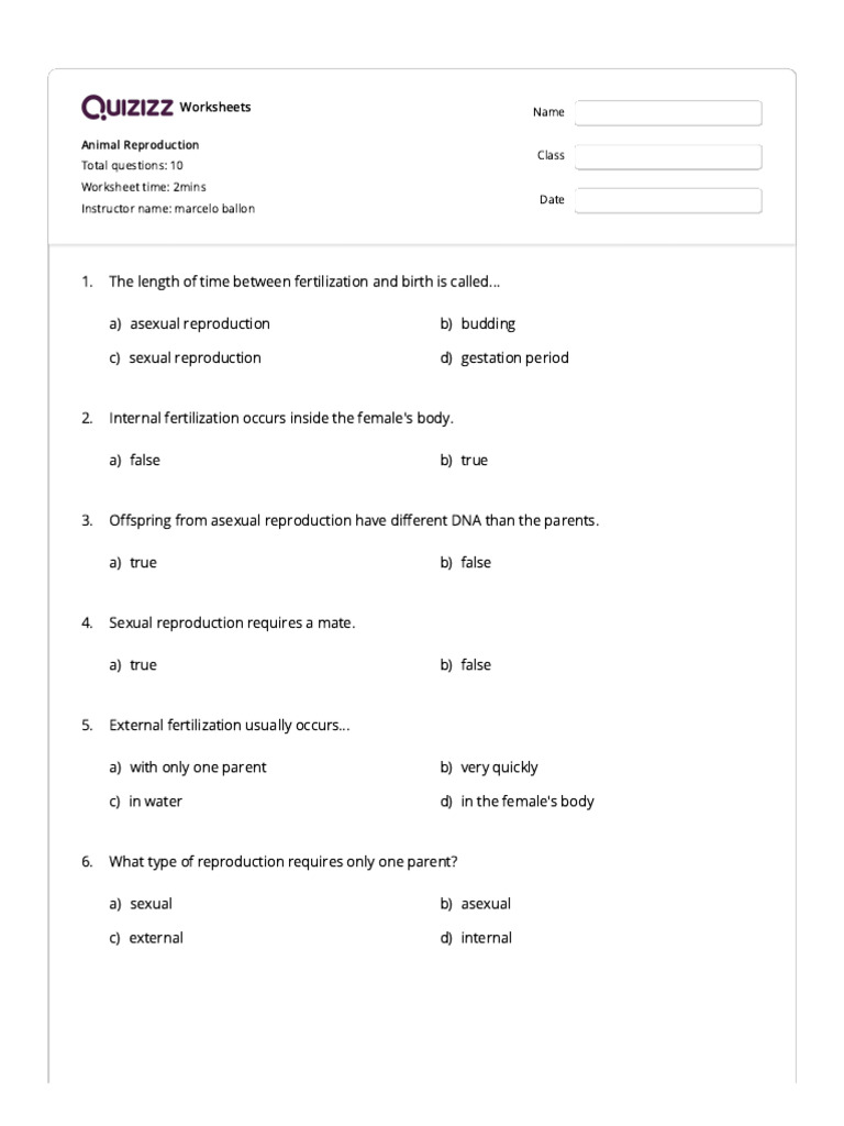 Animal Reproduction - Quizizz - 100752 | PDF
