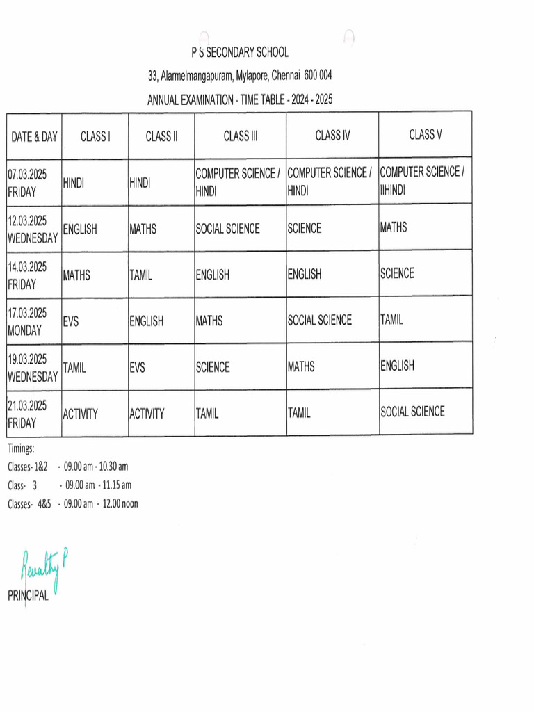 Class 1 to 5 - Annual Exam Time Table | PDF