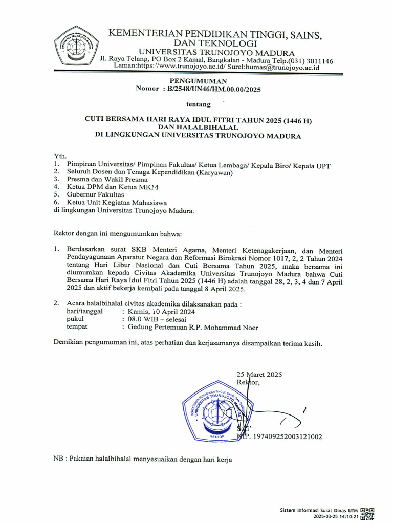 Edaran Cuti Hari Raya Dan Halbil | PDF