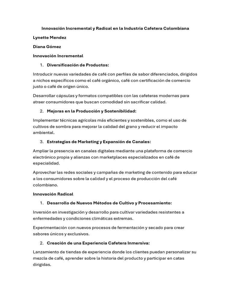 Innovación Incremental y Radical Lynette Mendez, Diana Gomez | PDF | café | Marketing