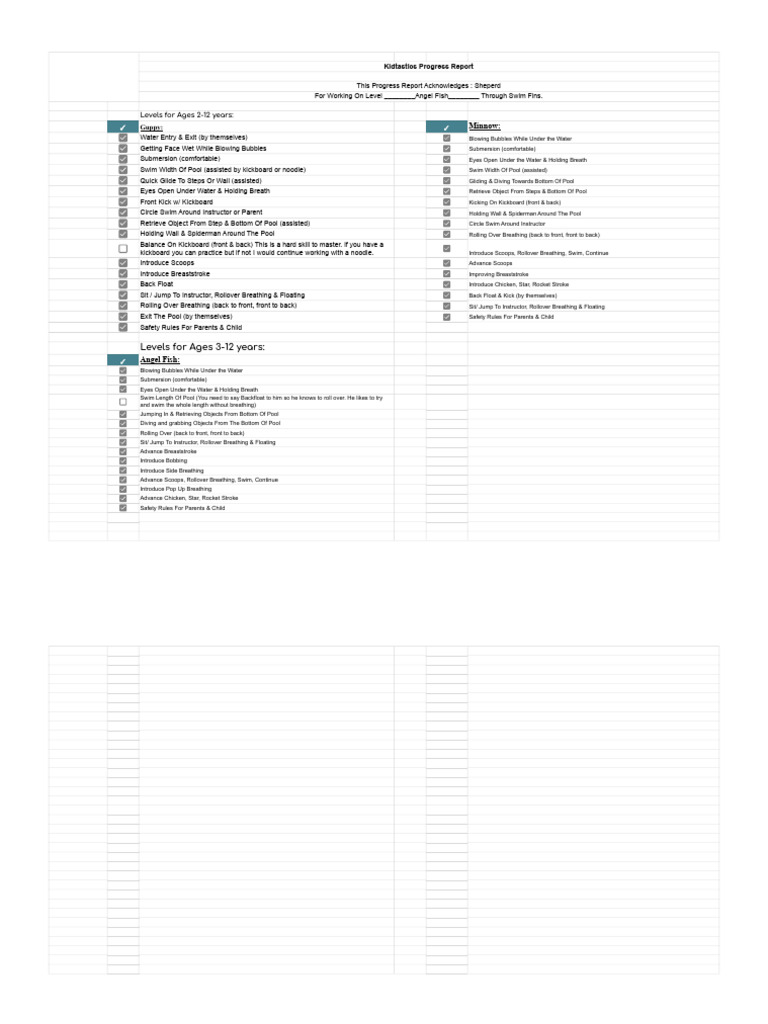 Progress Report - Sheperd - Sheet1 | PDF | Swimming | Water Sports