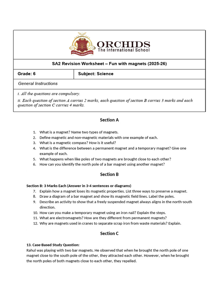 Fun with Magnets: Grade 6 Science Worksheet | PDF