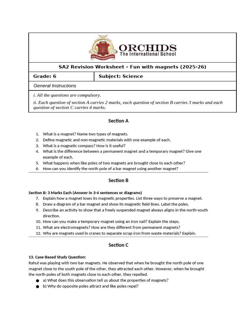 6th Grade Science: Magnet Revision Worksheet | PDF