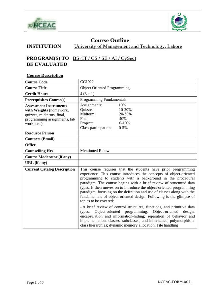CC1022 OOP F2024 Outline - Updated | PDF | Object Oriented Programming | Inheritance (Object ...