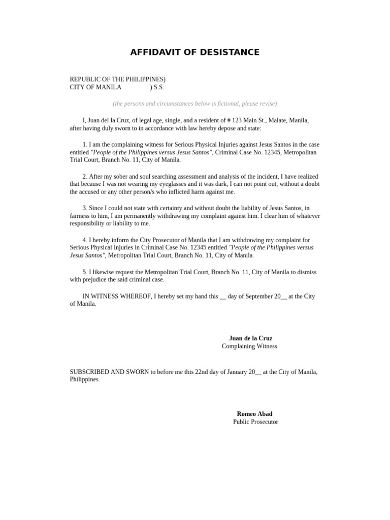 Affidavit of Desistance for Case Dismissal | PDF