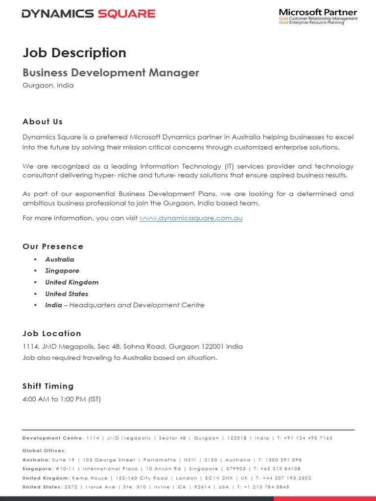 Job Description - BDM_Dynamics Square | PDF | Business | Economies