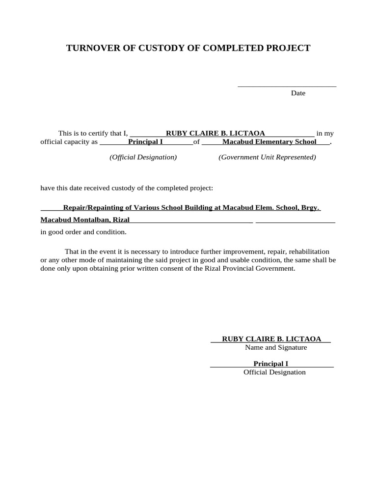 Custody Transfer of School Project | PDF